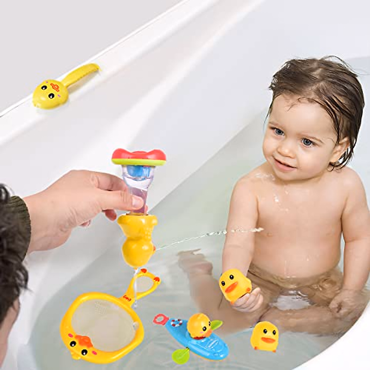 8 PCS Baby Bath Toys for Toddlers, Duck Spray Water Toy Bath Squirters Bath Boat Fishing Net, Bath Shower Tub Toys for Kids Toddlers