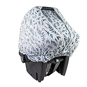 Bebe au Lait Classic Muslin Car Seat Cover, Easy Snap Straps, Fully Zippered Opening - Blue Leaves