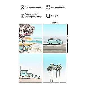 Beach Art Print Set - Tropical Palm Trees, Surfing 8x10 Wall Art Posters - Unique Home Decor for Lake or Ocean House, Bathroom, Bedroom, Living Room, Office - Gift for Surfers - Nautical Photo Poster