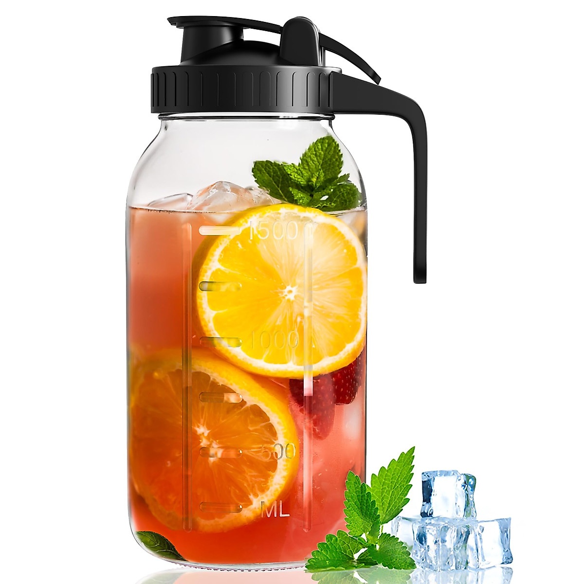 64 oz Mason Jar Pour Spout, 2 Quart Glass Water Pitcher with Lid, Airtight Seal for Great for Iced Tea,Juice,Milk,Coffee,Sun Lemonade, Set of 1(Black)