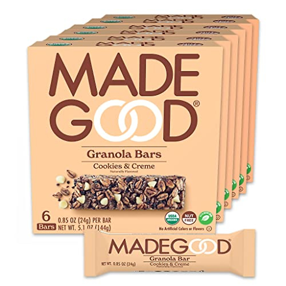 MadeGood Cookies and Creme Granola Bars, 6 Bars (0.85 oz), 6 Boxes; Contain Nutrients of One Full Serving of Vegetables, Gluten Free Oats; Nut and Allergen Free Bars