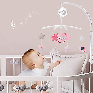 TuiVeSafu Baby Musical Crib Mobile with Hanging Rotating Plush Pink Owl Pendant Toys, Winding Drive Music Box, Infant Bed Decoration for Newborn Boys and Girls