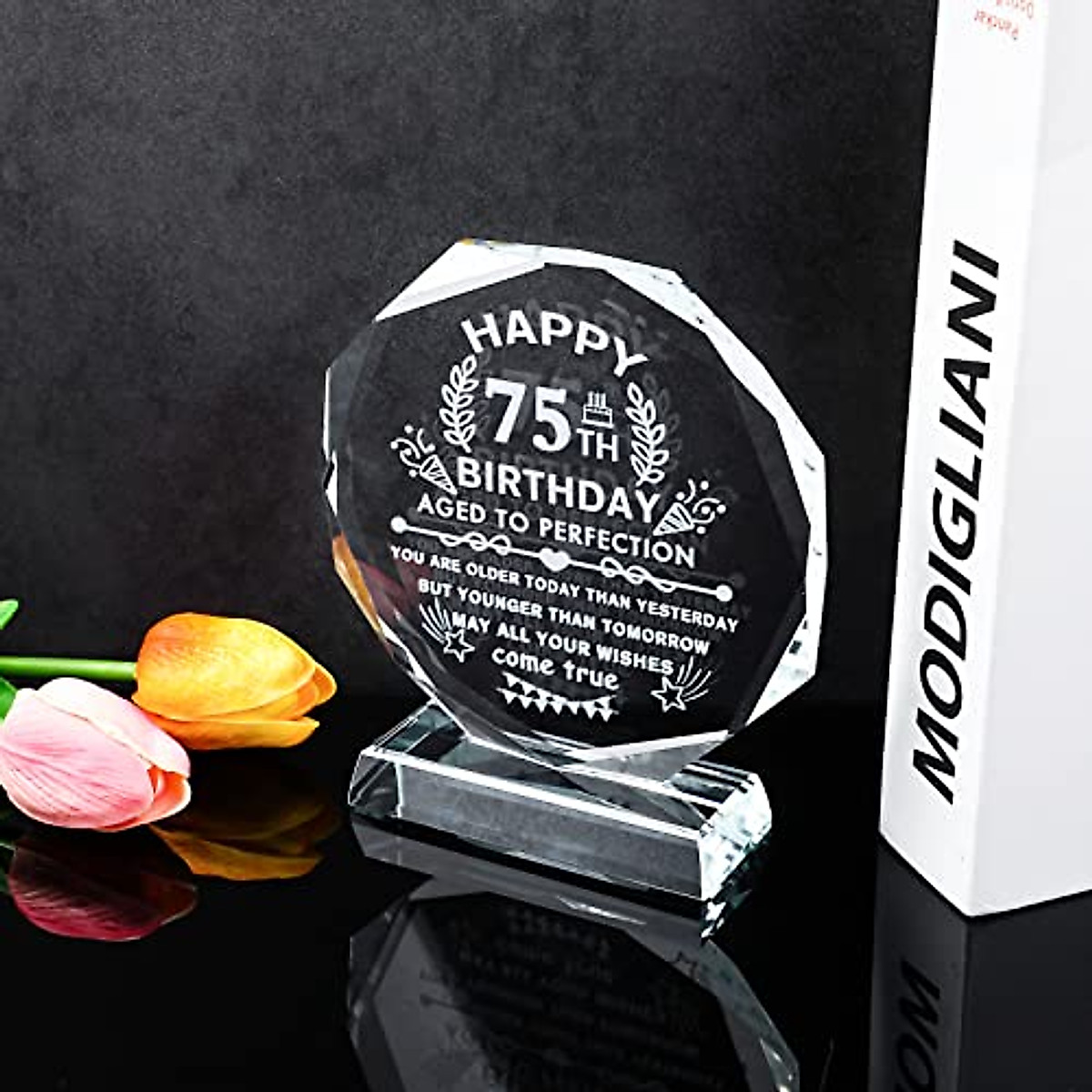 YWHL 75th Birthday Gifts for Women Men Unique 75 Years Old Happy Birthday Gifts for Grandparents Friends Laser Engraving 75th Birthday Glass Plaque Keepsake for Parents Aged to Perfection