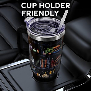 Book Lovers Gifts 40oz Tumbler with Handle and Straw Lid,Vacuum Insulated Leak Proof Tumbler bookish gifts for Women Readers Librarian,Book Accessories Stainless Steel Travel Mug,Skull Bookshelf