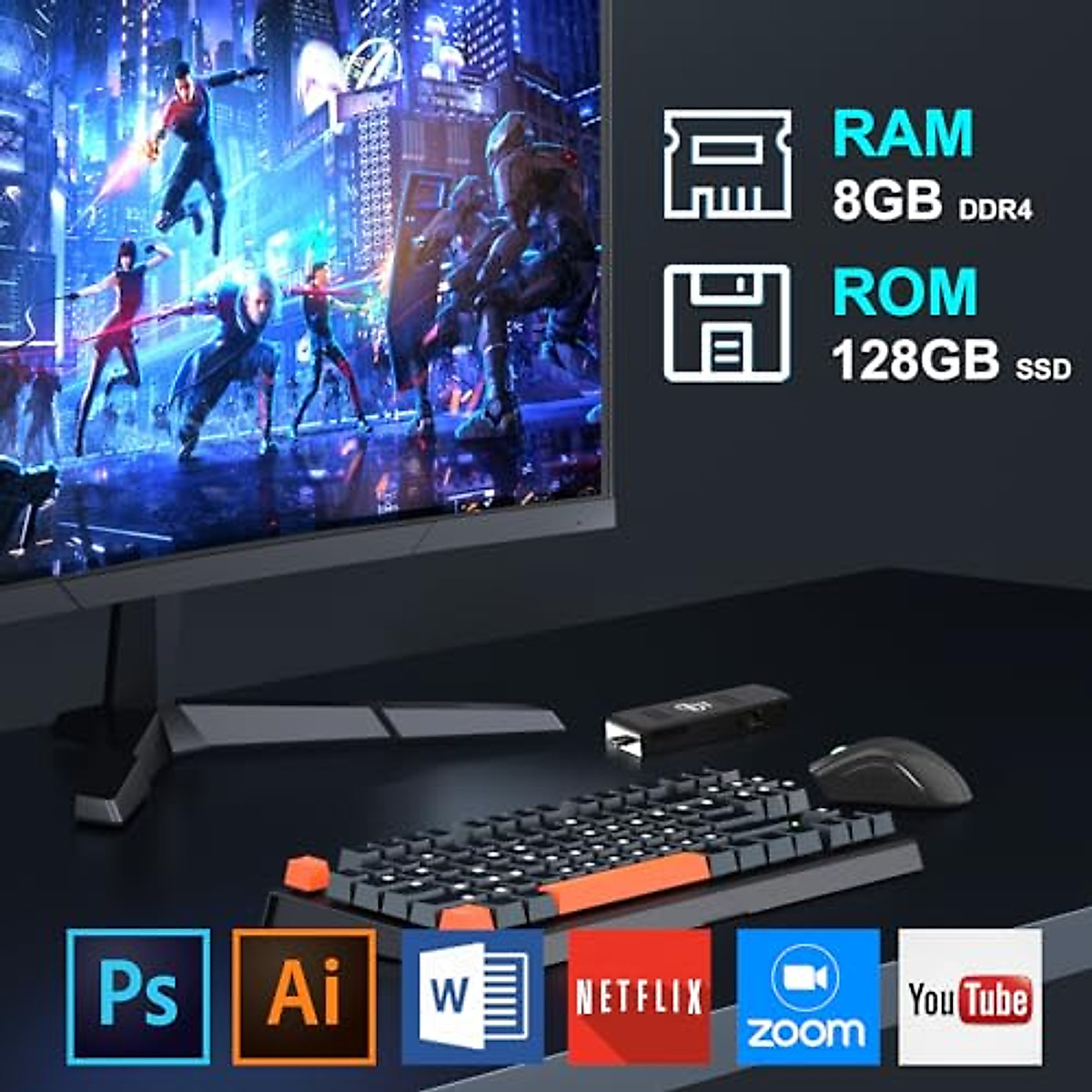 Mini PC Stick Windows 11 Pro,PC Stick Intel Celeron N4000 Processor Equipped 8GB LPDDR4 128GB SSD,Support Auto Power on,4K HD/Gigabit Ethernet/WiFi/BT,Business/Travel Pocket Computer