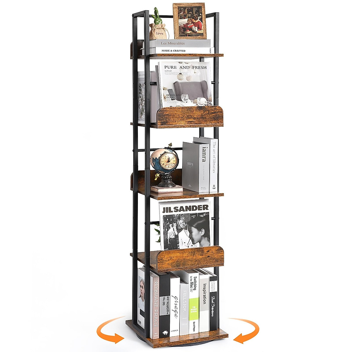 Bikoney Bookshelves 5-Tier, Rotating Bookshelf Tower for Corner, Small Bookcase, Tall Industrial Bookshelf, Narrow Bookshelf, Wood and Metal Black