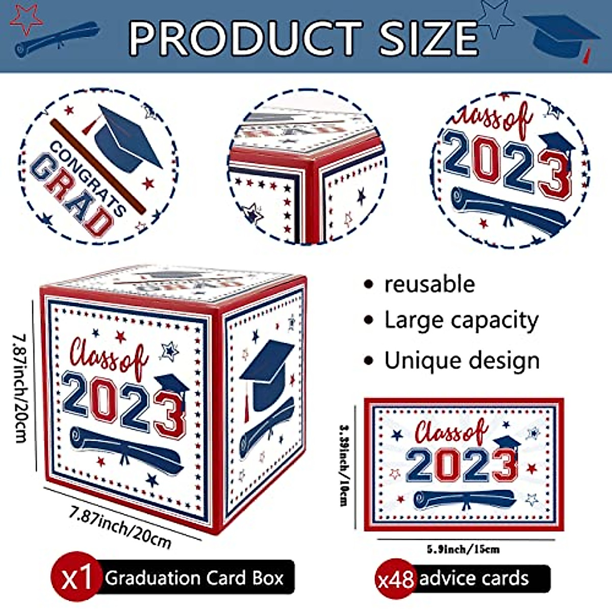 Graduation Party Decoration Red and Blue Congrats Grad Card Box with 48 PCS Advice Cards,Class of 2023 Holder Box Gift Box for College High School Graduation