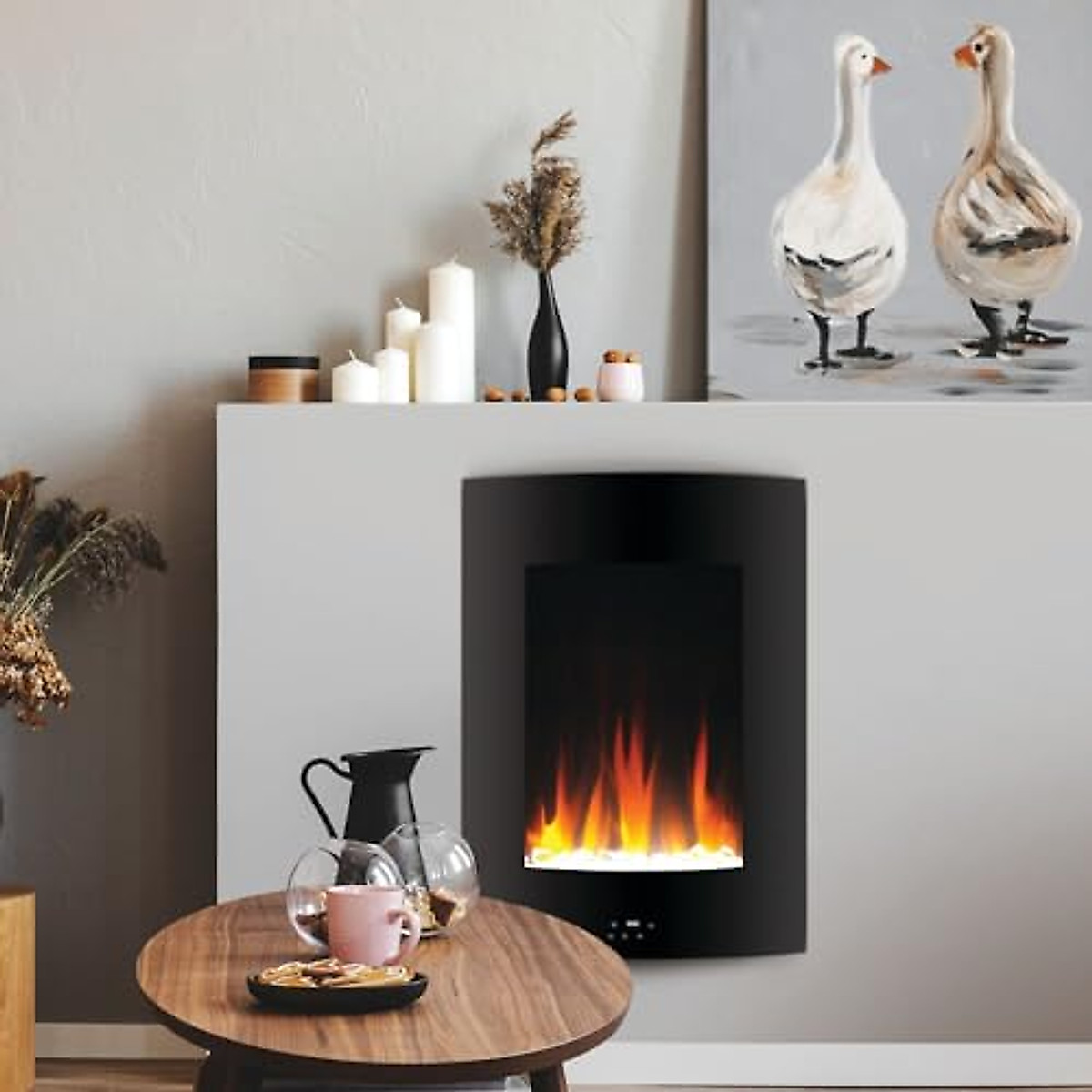 Cambridge 27 Inch Tall Vertical Wall Mounted Curved Panel Electric Fireplace Heater with LED Multicolor Flames, Crystal Rocks, Remote Control for Living Room, Bedroom, Home Office, Black