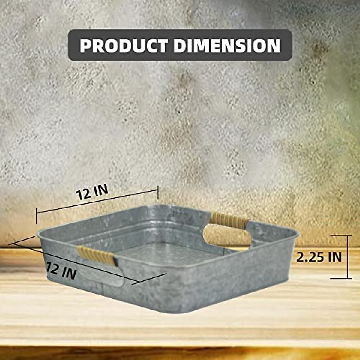 Farmhouse Tray for Coffee Table – Beautiful Galvanized Tray Decor, 12"x12" Galvanized Coffee Table Tray Decor, Galvanized Serving Tray with Handles for Your Home (Set of 2,Galvanized)