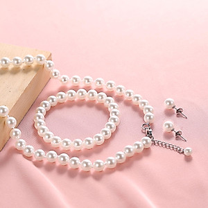 LZMEI White 8mm Faux Hand Knotted Glass Imitation Pearls Necklace Earring Jewelry 3 Set for Women and girls (16inch)