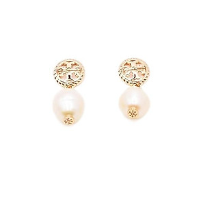 Tory Burch 136616 Tory Rose Gold Rope Logo Pearl Drop Women's Earrings