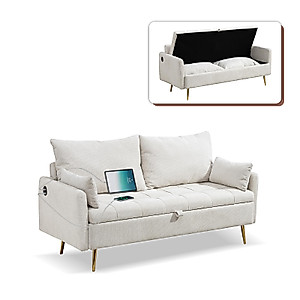 RIHEREFY 60'' Loveseat Sofa Couch with Storage, Modern Loveseat Couch with 4 Pillows & Metal Legs, 2 Seater Sofa with USB & Type C for Living Room,Bedroom, Apartment（Beige