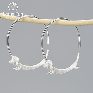 Lotus Fun S925 Sterling Silver Hoop Earrings Lovely Flying Dachshund Dog Big Round Hoop Earrings for Women (Sliver)