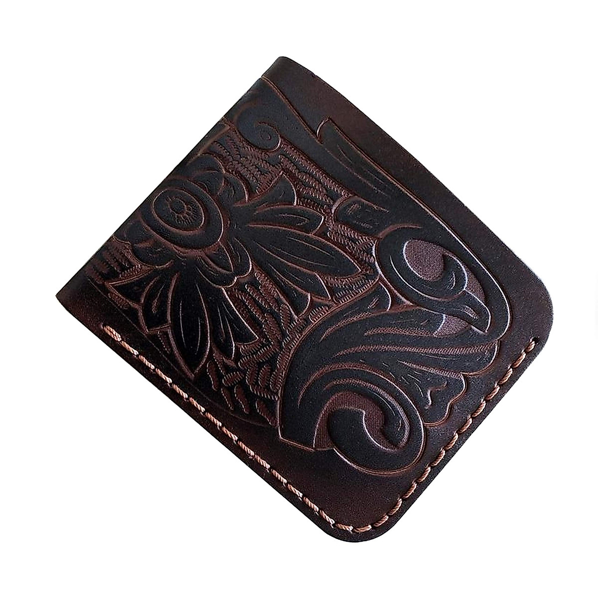 NICKSTON Brown Tooled Genuine Leather Wallet with Floral Motifs Unisex Men Women Crafted Carved Engraved Embossed Strong Stitched Compartments for ID Banknotes Cards Luxury Gift for Her Him