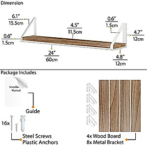 Wallniture Ponza Floating Shelves for Wall 24" Bathroom Storage, Shelves for Bedroom, Book Shelves for Living Room Decor, Burnt Finish Wood Set of 4