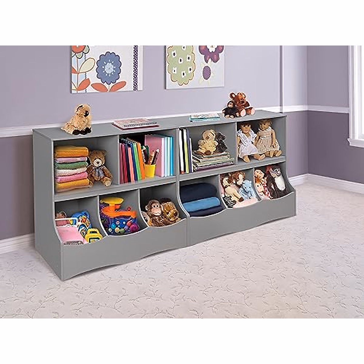 Badger Basket Multi-Bin Toy Storage Organizer and Book Shelf for Kids - Gray