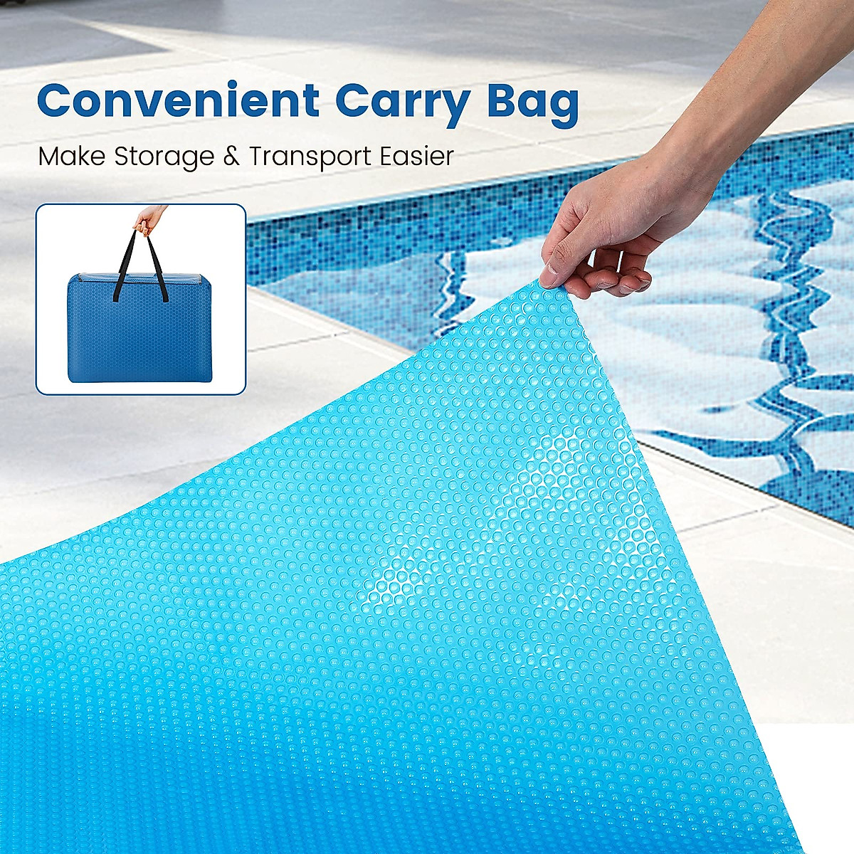 GYMAX Pool Cover, 16 FT x 32 FT 12-mil Solar Pool Cover with Carry Bag, Heat Retaining Rectangle Bubble Cover Floating Spa Blanket for Tub, In-Ground & Above Ground Swimming Pools (Blue)