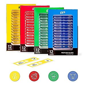 AMSCOPE-Kids 48pcs Kids Plastic Prepared Microscope Slides of Animals Insects Plants Flowers Sample Specimens for Stereo Microscopes