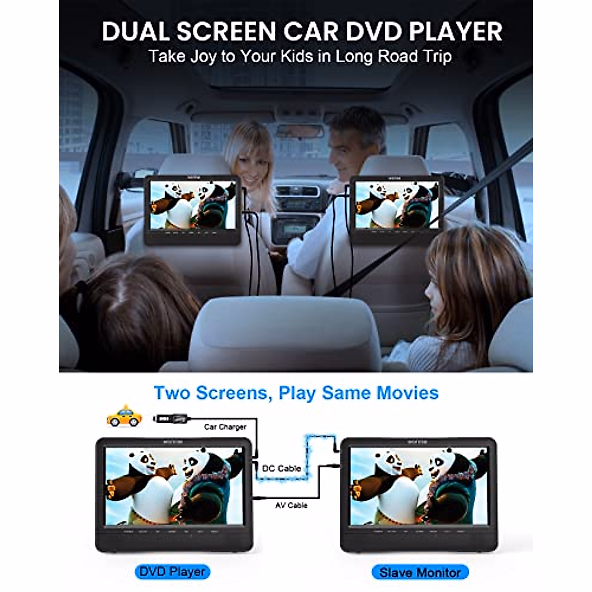 WONNIE 10" Car DVD Player with Dual Screen, Portable Headrest Video Player for Kids, 5 Hours Rechargeable Battery, Support Sync to TV, Last Memory,USB/SD, AV Out&in( 1 Player+1 Monitor)