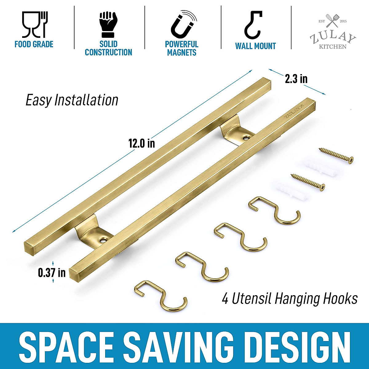 Zulay (12 Inch) Stainless Steel Magnetic Knife Holder For Wall - Powerful Knife Magnetic Strip With Extra Hanging Hooks - Wall Mount Magnetic Knife Strip & Organizer For Kitchen & Tools (Gold)