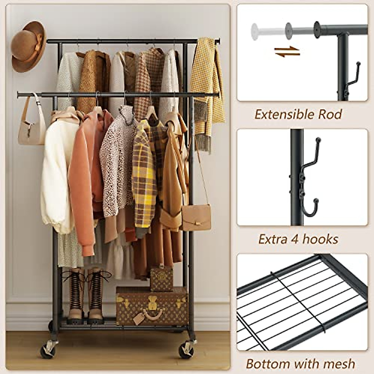 Gewudraw Double Rod Garment Rack, Heavy Duty Clothes Rack, Metal Rolling Garment Rack with Wheels, Shelves and Hooks, Clothing Garment Rack Closet Organizer Freestanding Hanger for Hanging Clothes