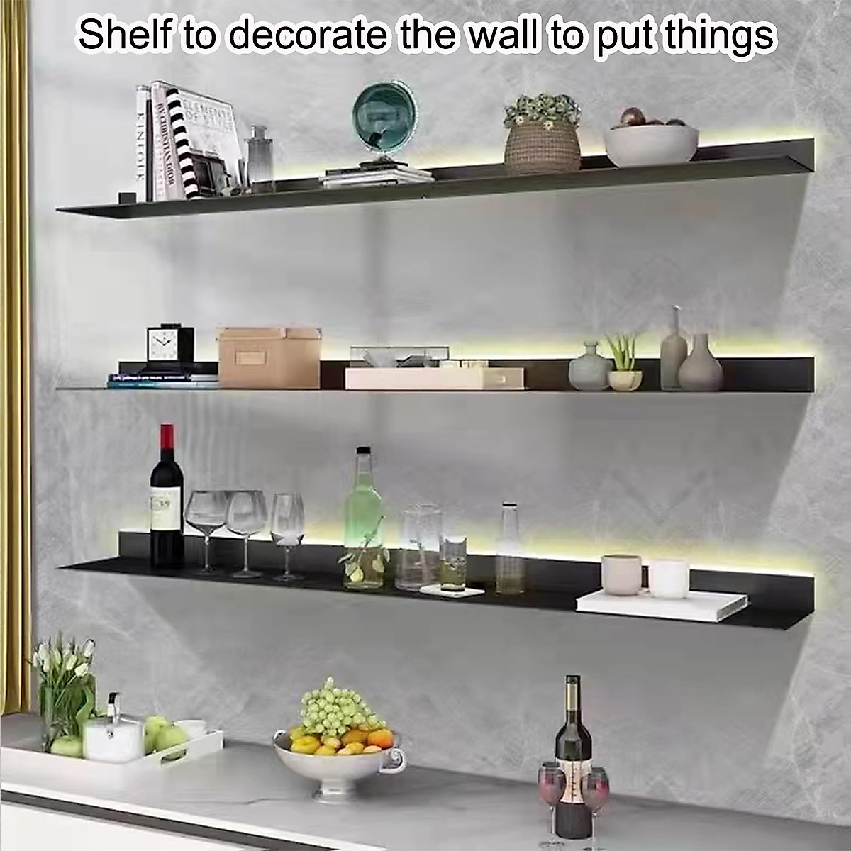 Wall Mounted Light-Emitting Shelves, Storage Shelf Floating Display Shelf LED Light Up Can Hold A Lot of Things Objects are Not Easy to Fall (Color : Black, Size : 150x23x7.5cm)