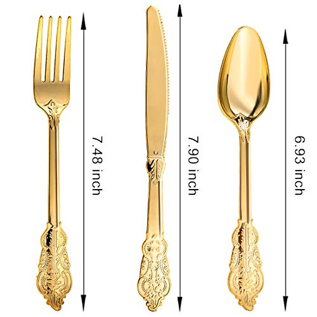 N9R 300pcs Gold Plastic Silverware Dinnerware Flatware- Heavyweight Gold Plastic Cutlery Set, 100 Gold Forks, 100 Gold Spoons, 100 Gold Knives, Gold Utensils for Party, Wedding,Birthday