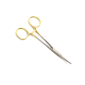 Premium German Stainless- Set of 2 PCS Gold Handle Mosquito Locking HEMOSTAT Forceps Straight + Curved 5"-Cynamed