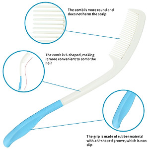 Kesywale Long Reach Handled Comb and Hair Brush Set for Elderly and Hand-Disabled People, Not Need to Lift Hand (Blue)