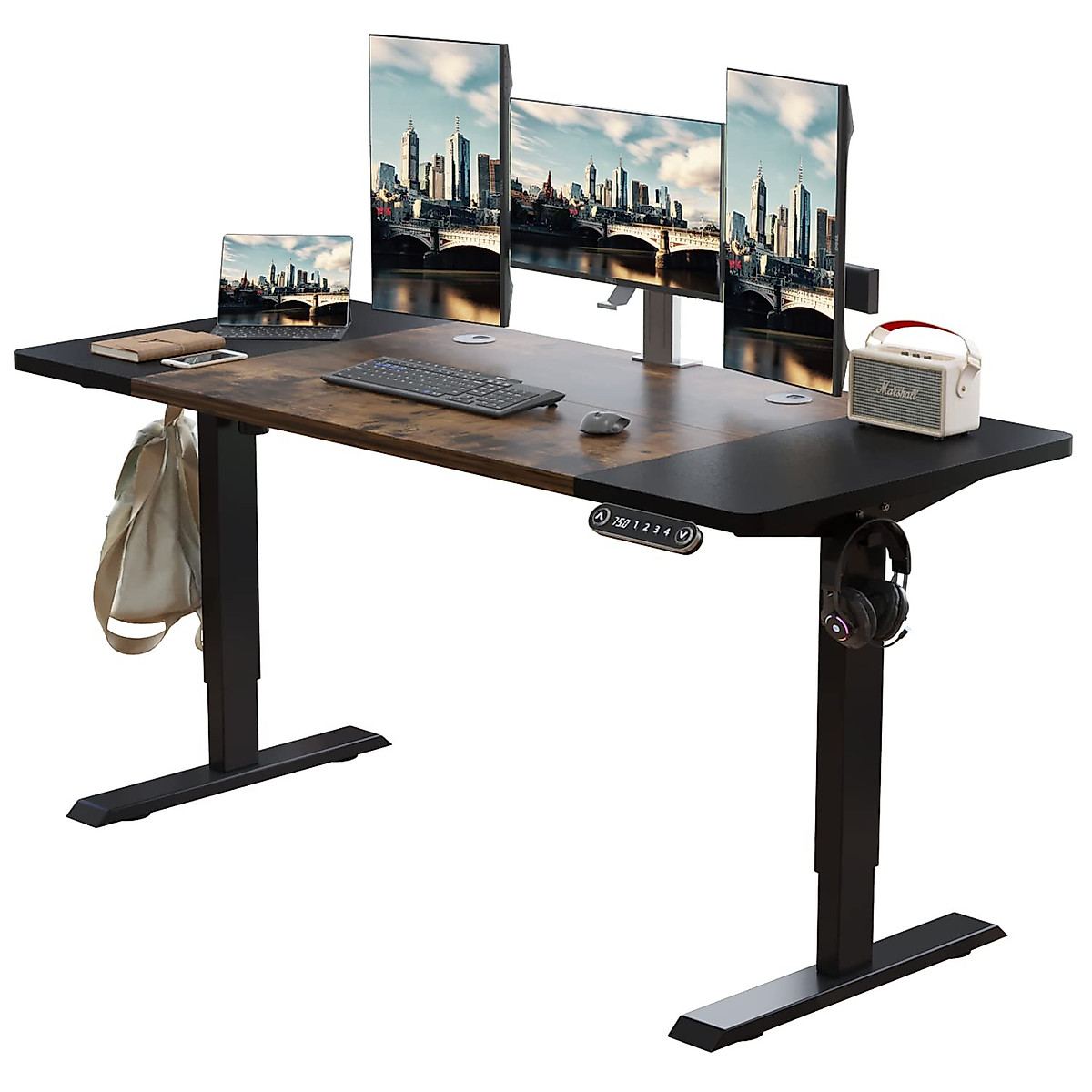 Radlove Electric Height Adjustable Standing Desk, 63x 30 Inches Stand Up Desk Workstation, Splice Board Home Office Computer Standing Table Ergonomic Desk (Black+ Brown, 63x30'')