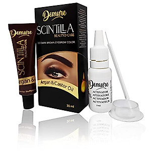 Demure Eyebrow Dye Kit, Professional Formula Brow Tint - contains Argan Oil & Castor Oil (Omega 6, Carotene, Vitamins А, Е, F), Fast and Safe Results (Dark Brown)