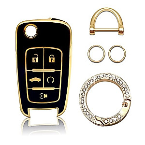 Compatible with Chevy Key Fob Cover with Keychain Lanyard, Soft TPU Keys Shells Replacement for Chevrolet Buick Camaro Cruze Equinox Malibu Impala Spark Sonic GMC-Black