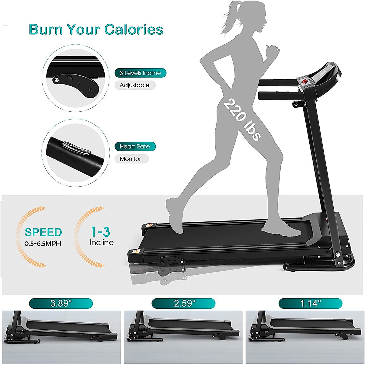 SPORFIT Foldable Treadmill with Incline, Portable Treadmills w/ 3 Adjustable Manual Incline, Heart Rate Sensor&LCD Display, Electric Treadmill, Running Machine for Home&Office, Black