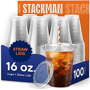[100 Sets - 16 oz.] Clear Plastic Cups with Straw Slot Lid, PET Crystal Clear Disposable 16oz