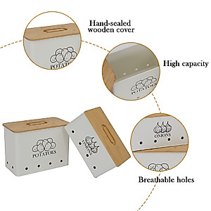 Xbopetda Set of 2 Vintage Cream White Potato Onion Kitchen Storage Canisters Jars Pots, Potato & Onion Bin with Aerating Holes & Wooden Lid, Food Container Sets, Vegeatables Storage