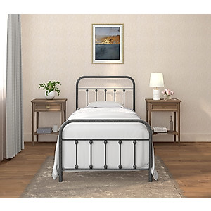 AMBEE21 CastleBeds Vintage Twin Size Silver Iron Bed Frame with Headboard Footboard Wrought Rod Art Heavy Duty Steel Metal Platform Foundation Farmhouse Industrial Victorian Style 600 lbs Capacity
