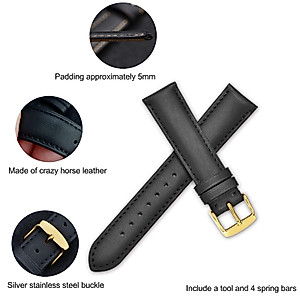 WOCCI 20mm Vintage Leather Watch Band for Men and Women, Gold Buckle (Black)