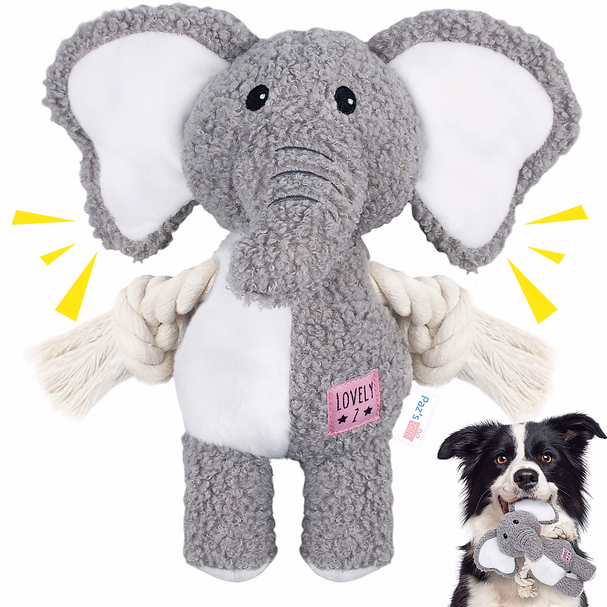 PAZ'S GIFT Dog Toys Cute Plush Elephant and pet Interaction Pulling, Soothing, Companionship, Sturdy Indoor Puppy Toys, Dog Squeaky Toys, Puppy, or Small, Medium Dog Teething or chew Toys