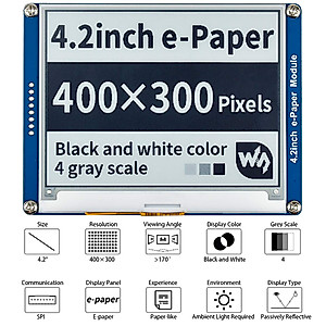 4.2inch E-Ink Display Module 400x300 Pixel Black,White Two-Color 3.3V-5V E-Paper Screen LCD Support Full Refresh SPI Interface for Raspberry/Jetson Nano/Ard/Nucleo