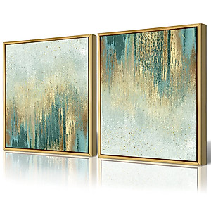 QTESPEII Abstract Wall Art Gold Frame Sage Teal Print Paintings Vintage Linen Canvas Artwork for Bedroom Living Room Minimalist Decorations Rustic Modern Home Office Décor 12"x12" 2 Pieces