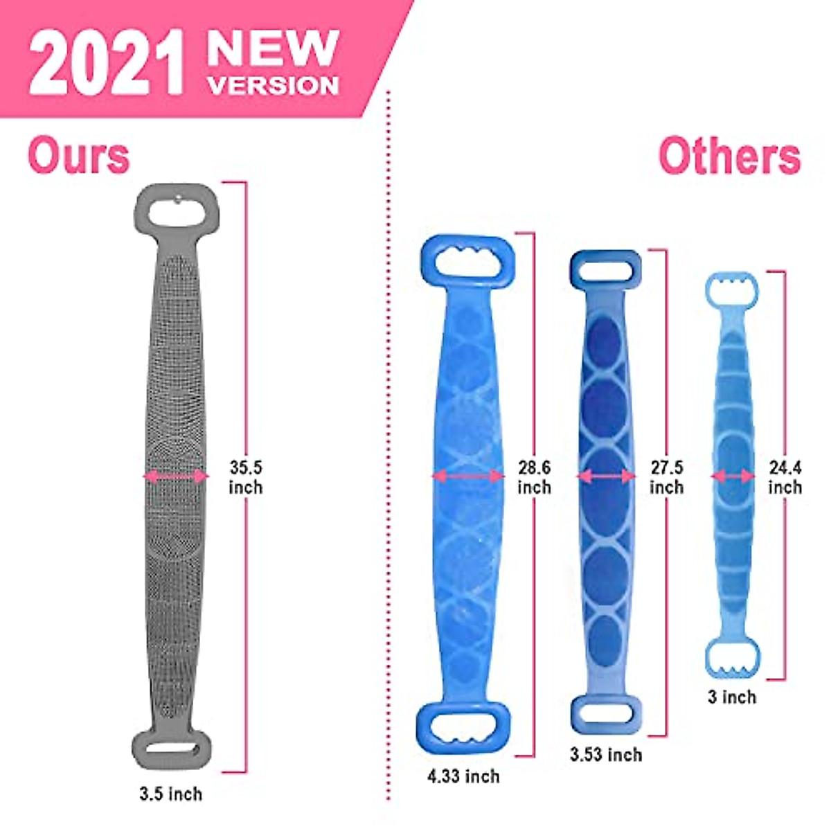 35.5"/90cm Silicone Back Scrubber for Shower Extra Long Double Sided Body Brush and Massage for Men and Women Fast Drying Travel Ready (Grey)