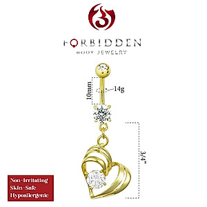Forbidden Body Jewelry 14kt Gold Plated Surgical Steel CZ Simulated Diamond Double Heart Dangle Belly Button Ring