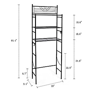 Kimzda 3-Tier Bathroom Over The Toilet Storage Rack Free Standing Metal Frame Shelf Organizer, with 4-Hooks, Black