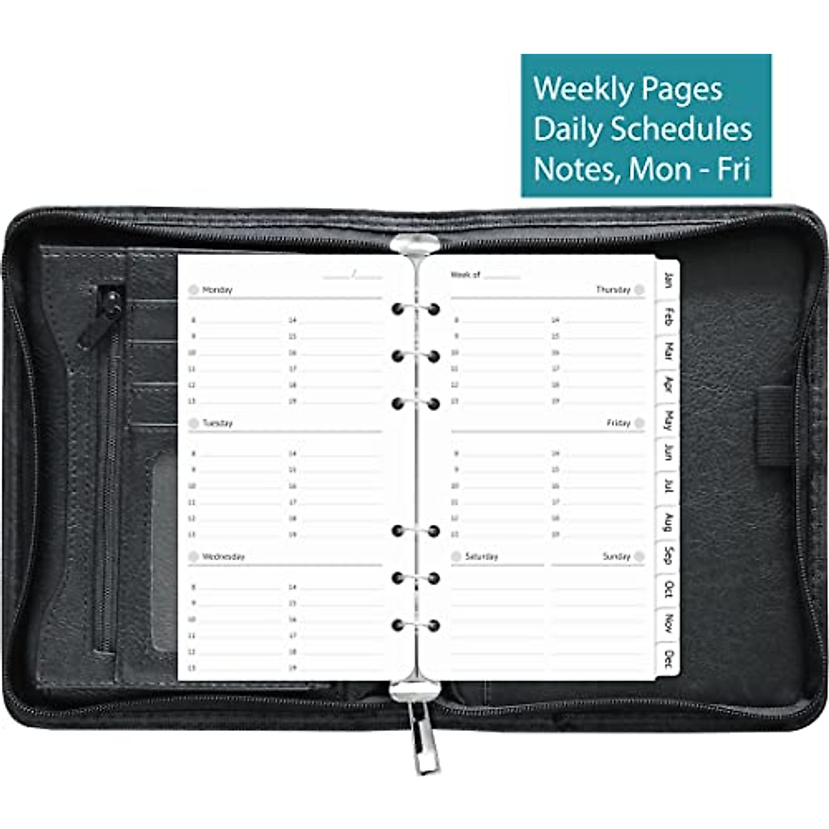 Fan&Ran Zippered Planner Organizer, Simulated Leather Undated Start Set, Personal Size, Black