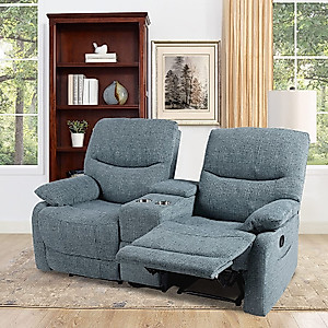 VUYUYU Reclining Sofa, Double Reclining Loveseat with Console, 2 Seater Sofa Home Theater Seating, Fabric Recliner Sofa Couches with Storage and Cup Holders (Blue)