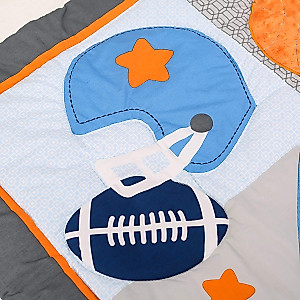 2 PCs Blue Sports Themed Nursery Crib Bedding Set Quilt, Fitted Sheet Soccer Basketball Baseball Embroidery Baby Boy Cot Bedding Set