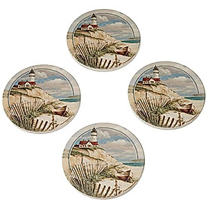 Thirstystone Ceramic Drink Coasters & Coaster Holder, Non-Slip Cork Backing, Drink Absorbent & Protects Table - Beach Lighthouse (Set of 4),Brown,VAG2