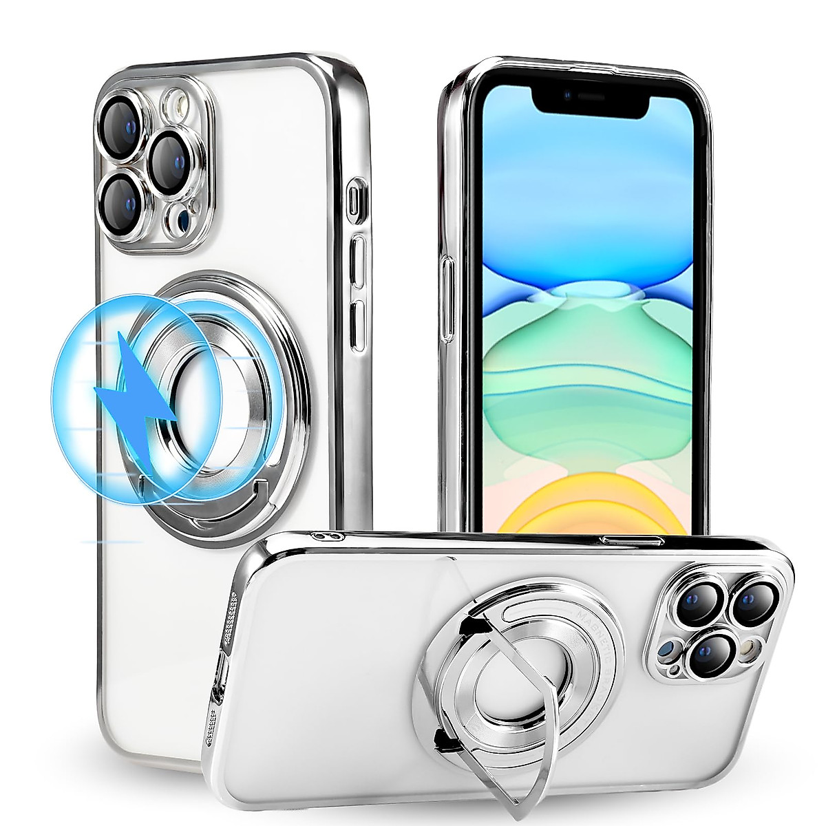 Tcaraersing Magnetic Invisible Stand Case for iPhone 13 Pro Max, Compatible with MagSafe, Built-in Camera Lens Protector, Luxury Plating Clear Shockproof Slim Thin Cover iPhone 13 Pro Max 6.7''-Silver