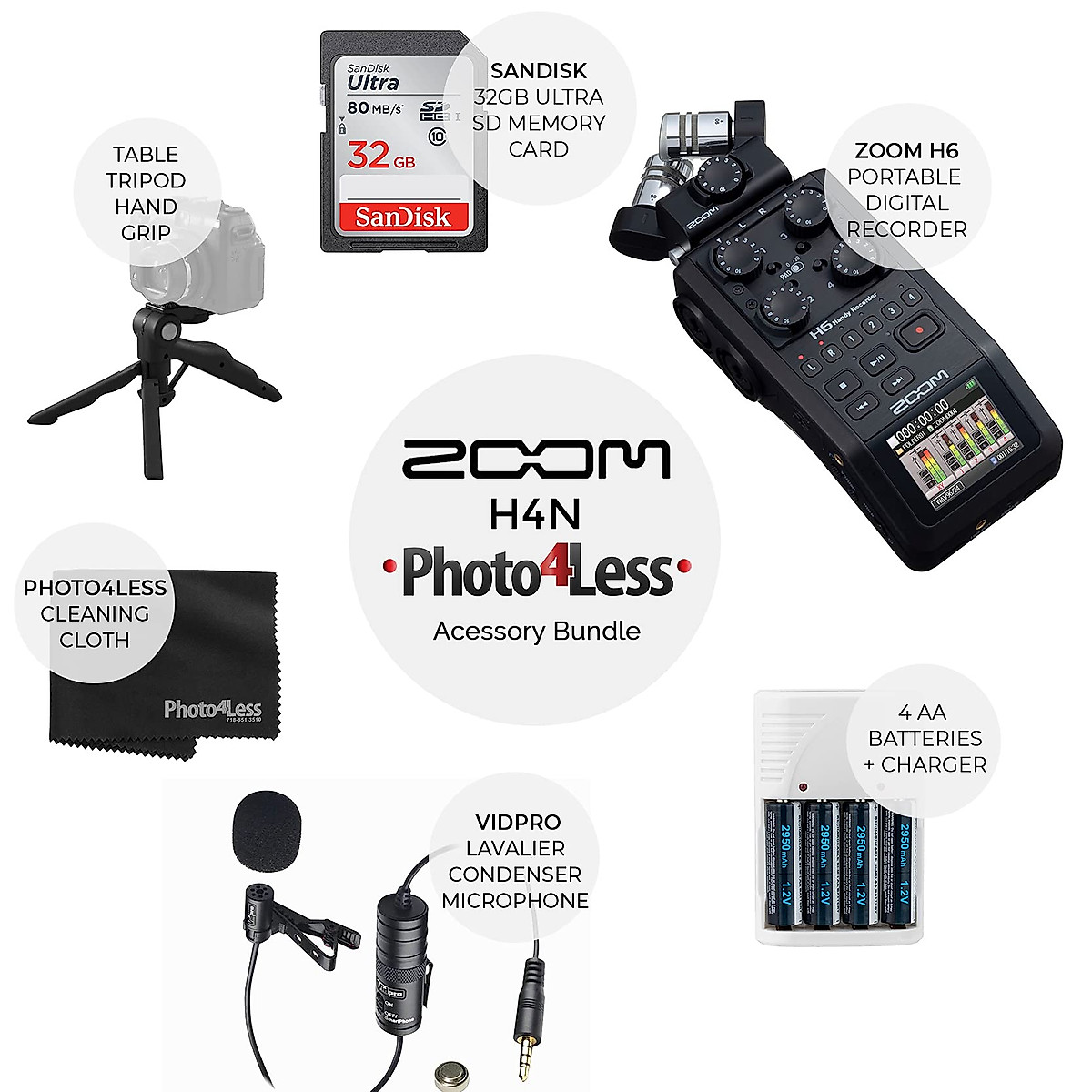 Zoom H4n Pro 4-Input / 4-Track Portable Handy Recorder with Onboard X/Y Mic Capsule (Black) + 32GB Memory Card + Professional Lavalier Condenser Microphone + 4 AA Batteries and Charger