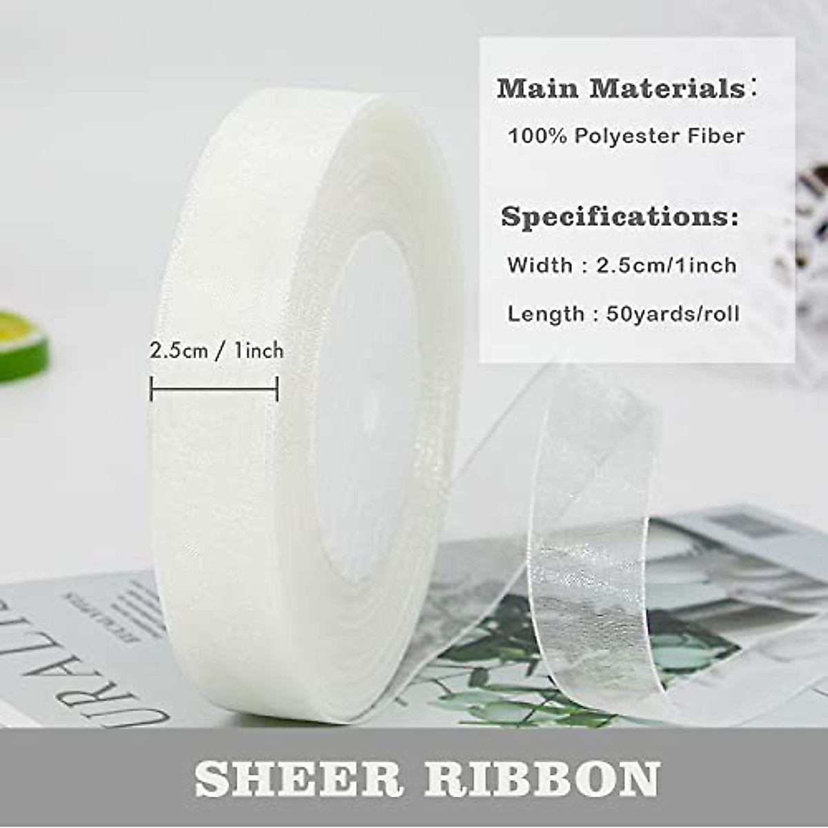 MUWOOB 1 inch White Organza Ribbon, 50 Yard Sheer Chiffon Ribbon for Gift Wrapping, Transparent Wired Tulle Ribbon for Holiday Presents, Birthday Cards, Wedding Party Decoration, Hair Bows Making